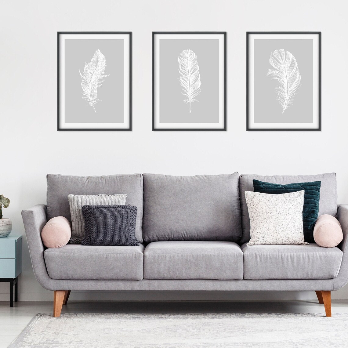 Grey Print Set, Feather Print Set, Grey, Set of 3 Prints, Feather ...