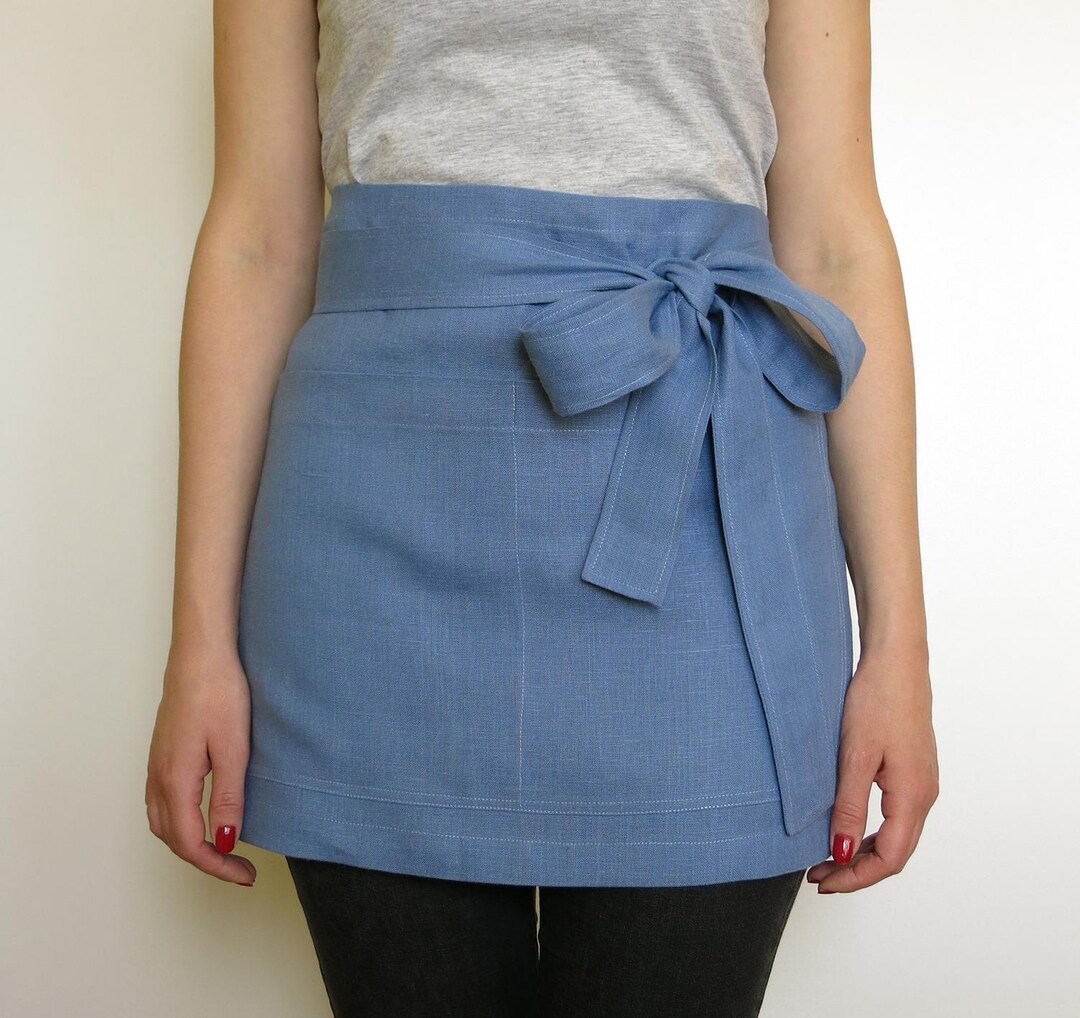 LINEN APRON With Big Bow, Blue Half Apron, Wrap Apron, Flax Pinafore ...