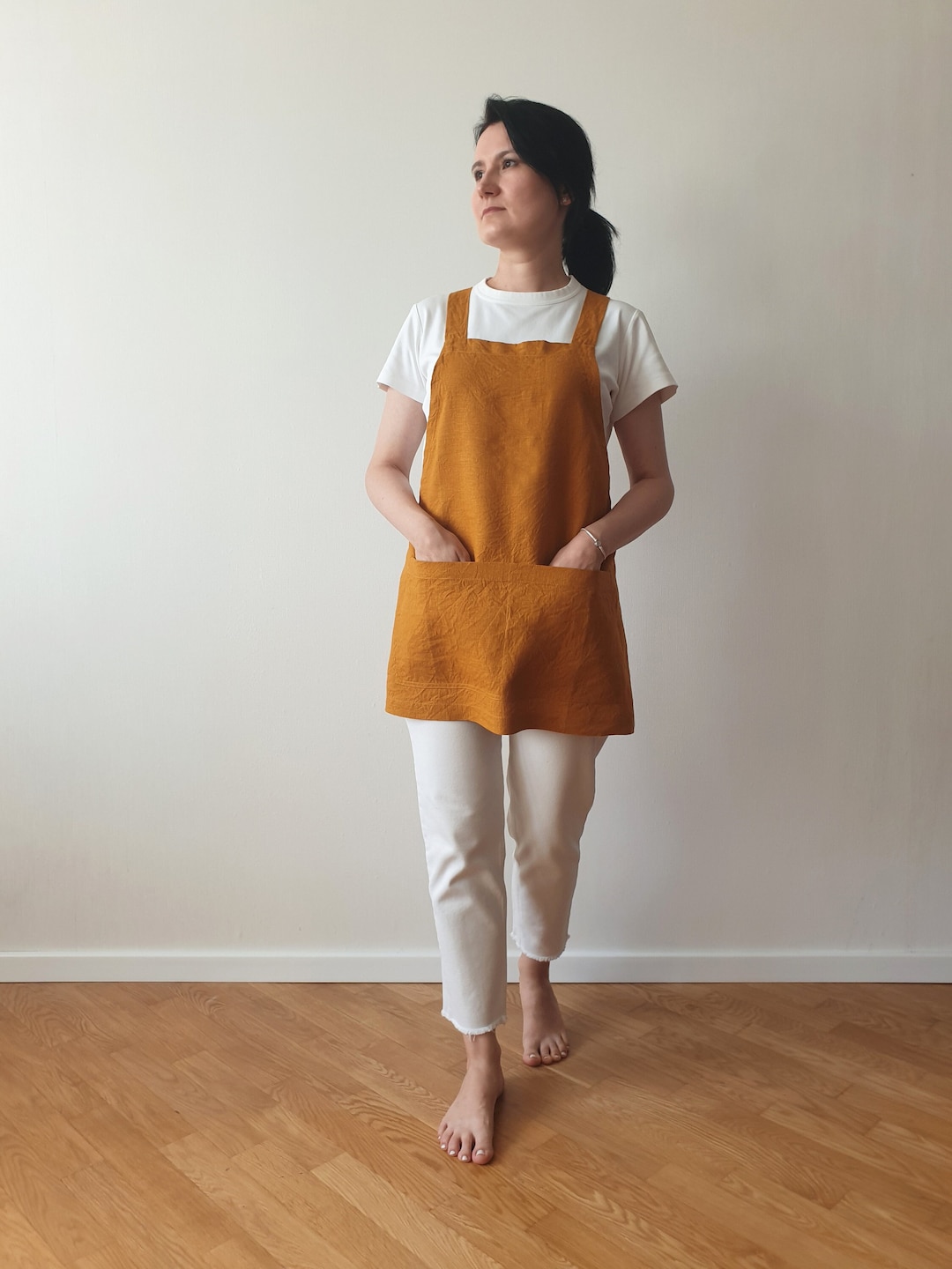 Short Linen Cross Back Apron/ Criss-cross Apron for Women/ No-ties ...