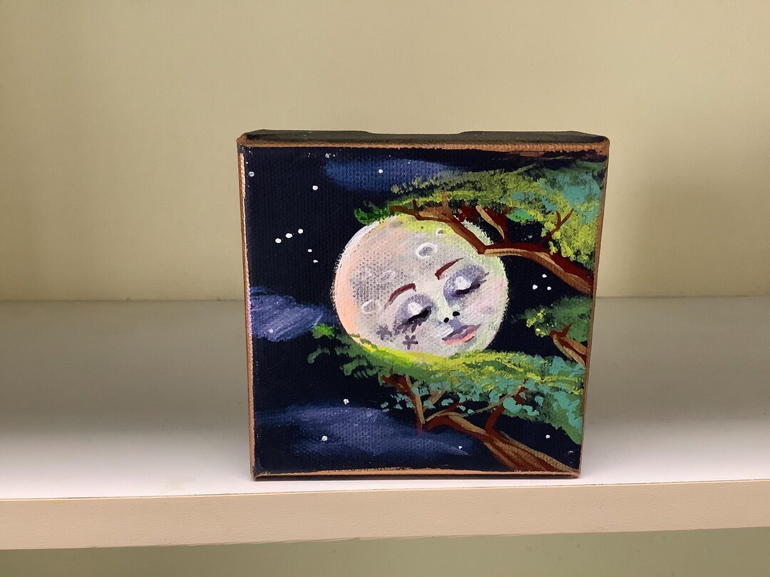 Restful Moon. Original Moon Painting. Not a Print. Acrylic Small 4 by 4 ...