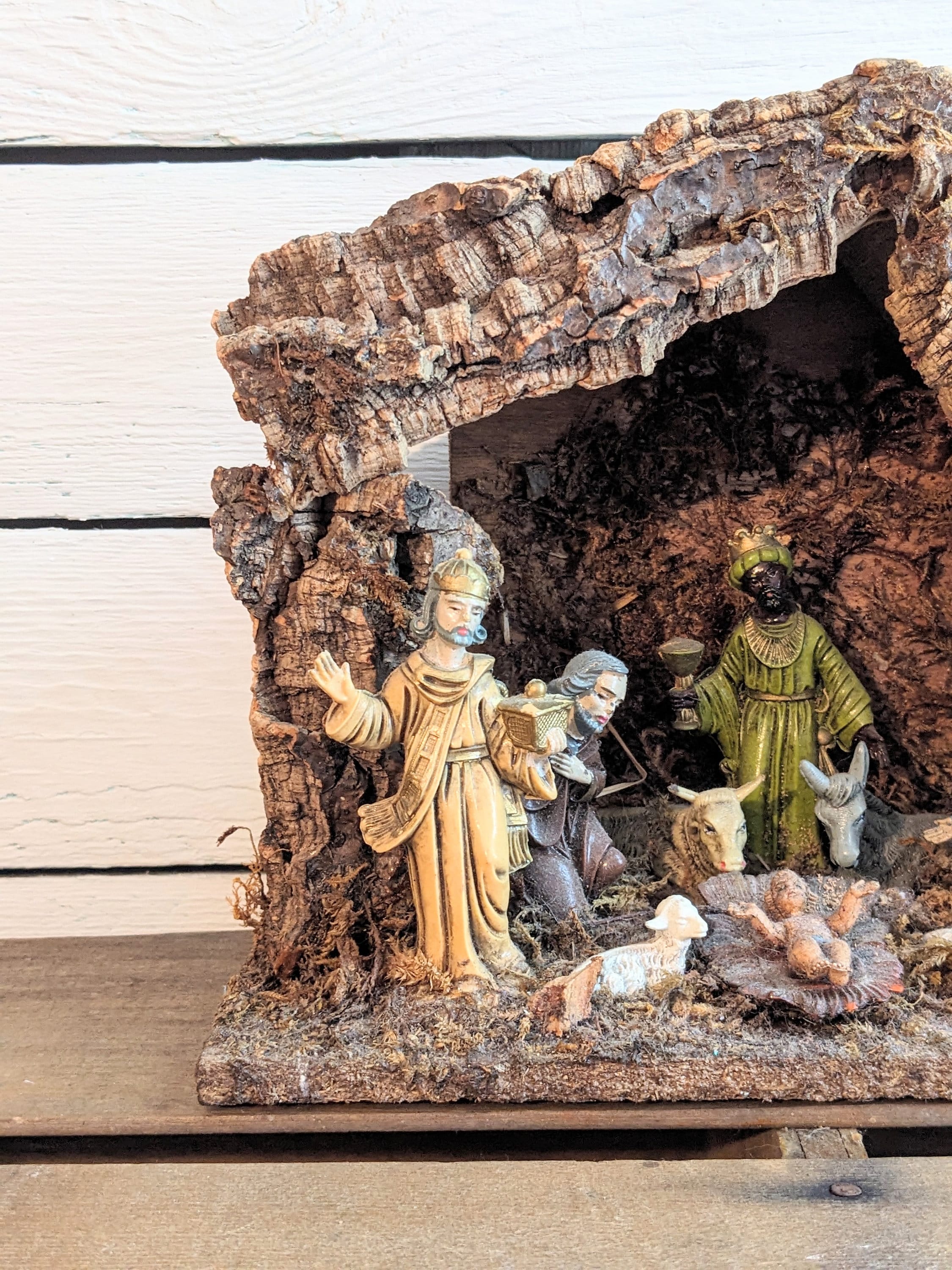 Vintage Complete Nativity Set W/attached Plastic Figurines Rustic ...