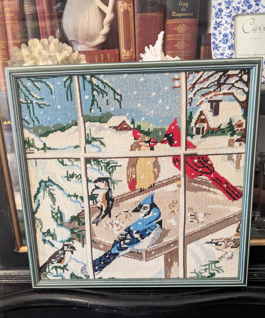 Framed Needlepoint of Cardinals and Blue Jays in a Winter Scene - Etsy
