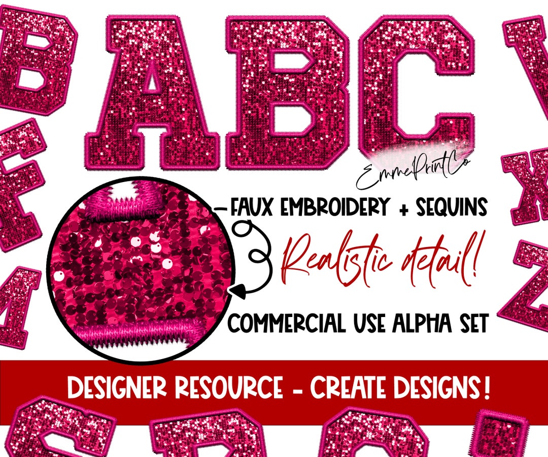 Bright Pink - Faux Embroidery Sequins Alpha Set - Alphabet Sublimation ...