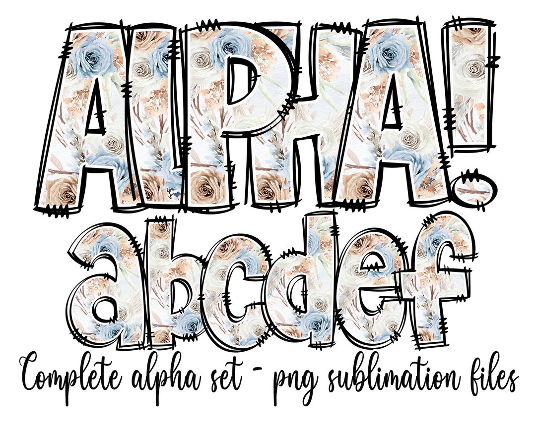 Alpha Set Blue Floral - Letters Pack - Clipart Alphabet - Doodle ...