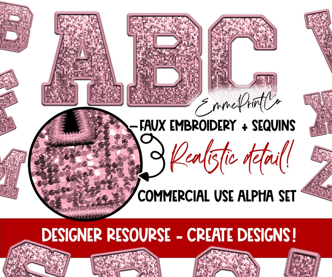 Light Pink - Faux Embroidery Sequins Alpha Set - Alphabet Sublimation ...