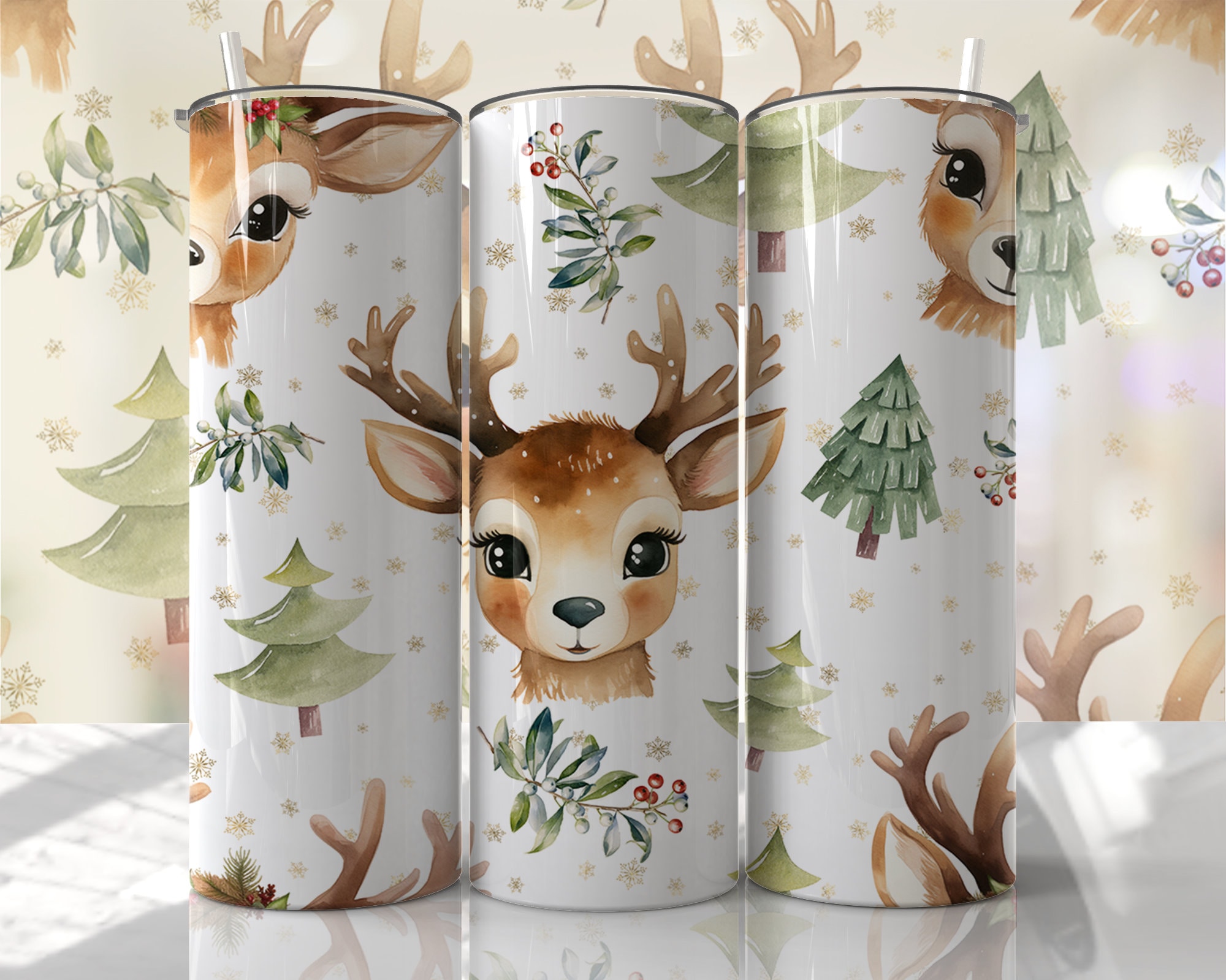SEAMLESS Pattern Cute Deer - Christmas Watercolor - PNG - JPEG Digital ...