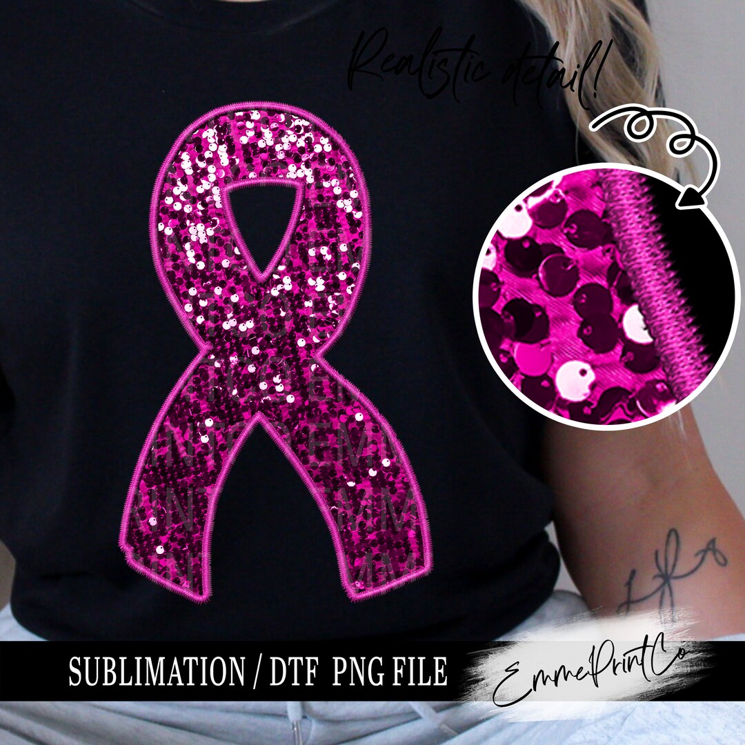 Faux Embroidery Breast Cancer Pink Ribbon Sequins Glitter