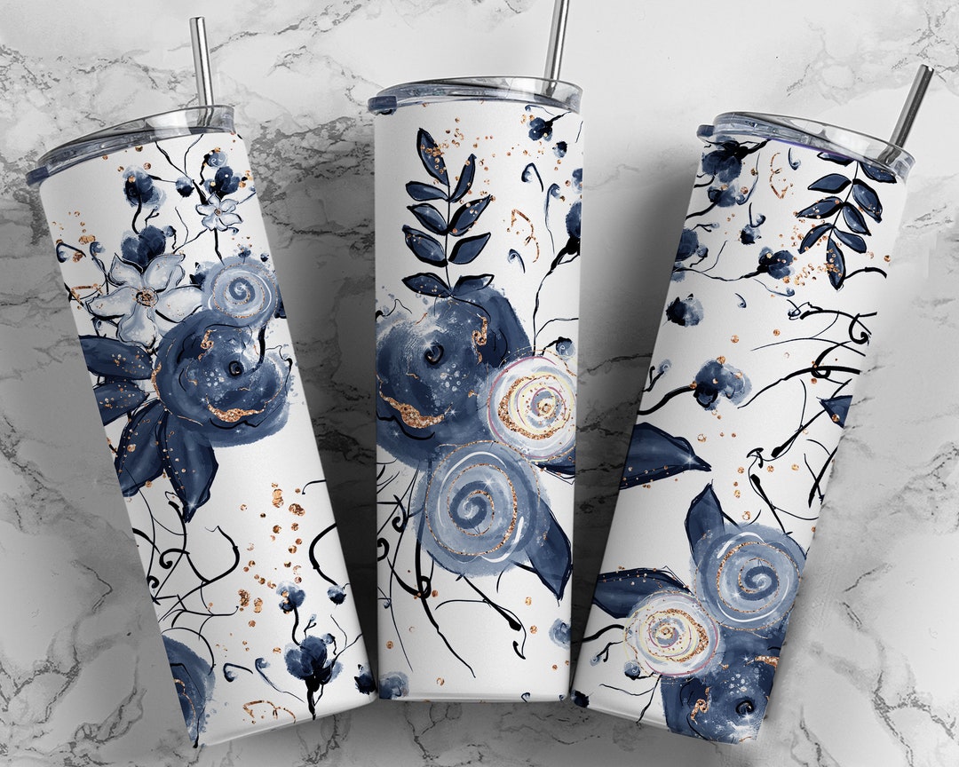 Blue Floral Tumbler Wrap PNG Seamless Sublimation Designs Downloads ...
