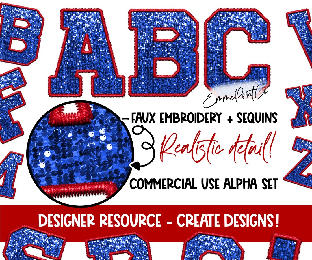 Blue Red - Faux Embroidery Sequins Alpha Set - Alphabet Sublimation PNG ...