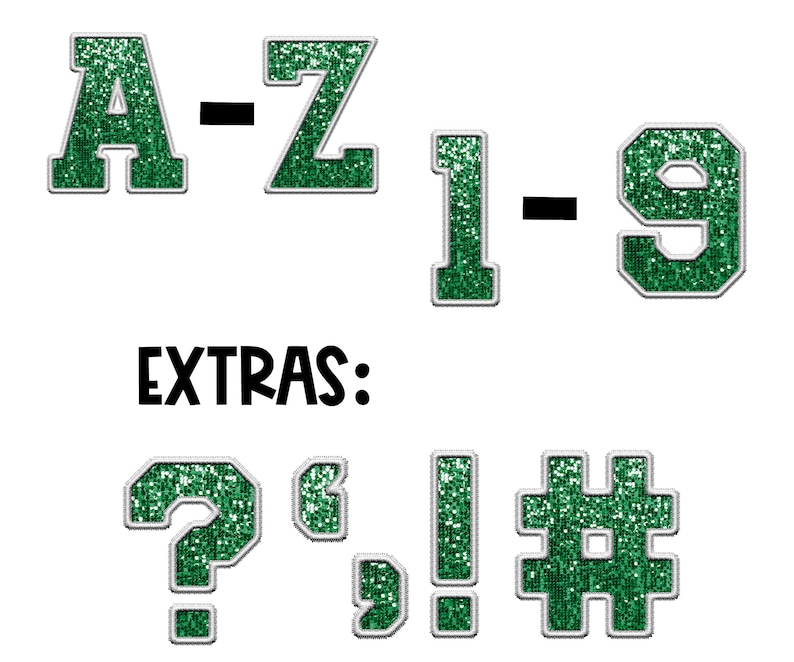 Green and White Letters - Faux Embroidery Sequins Alpha Set - Alphabet ...