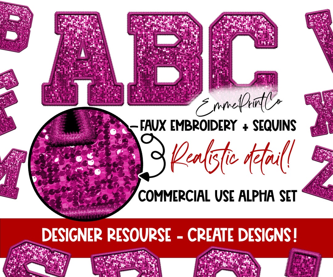 Pink - Faux Embroidery Sequins Alpha Set - Alphabet Sublimation PNG DTF ...