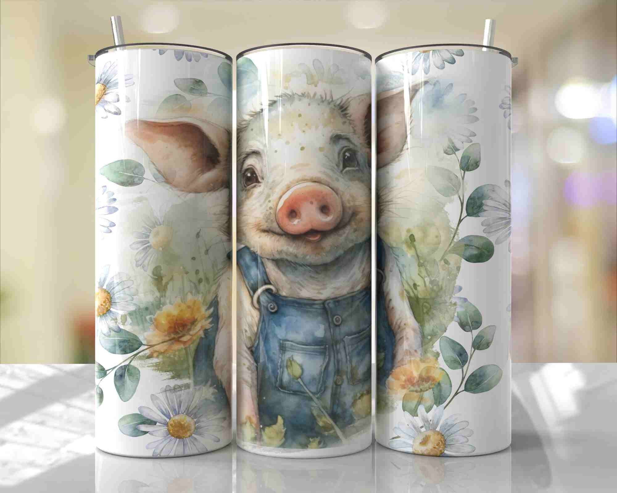 Pig Tumbler Wrap Wearing Denim Overalls Watercolor Designs Seamless ...
