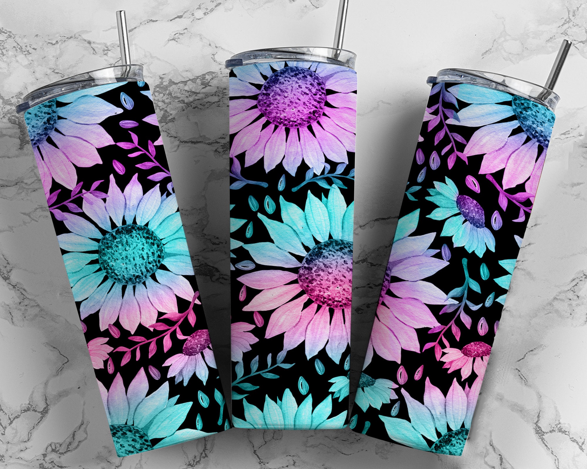 Pink Aqua Black Sunflowers Tumbler Wrap Background PNG - Etsy