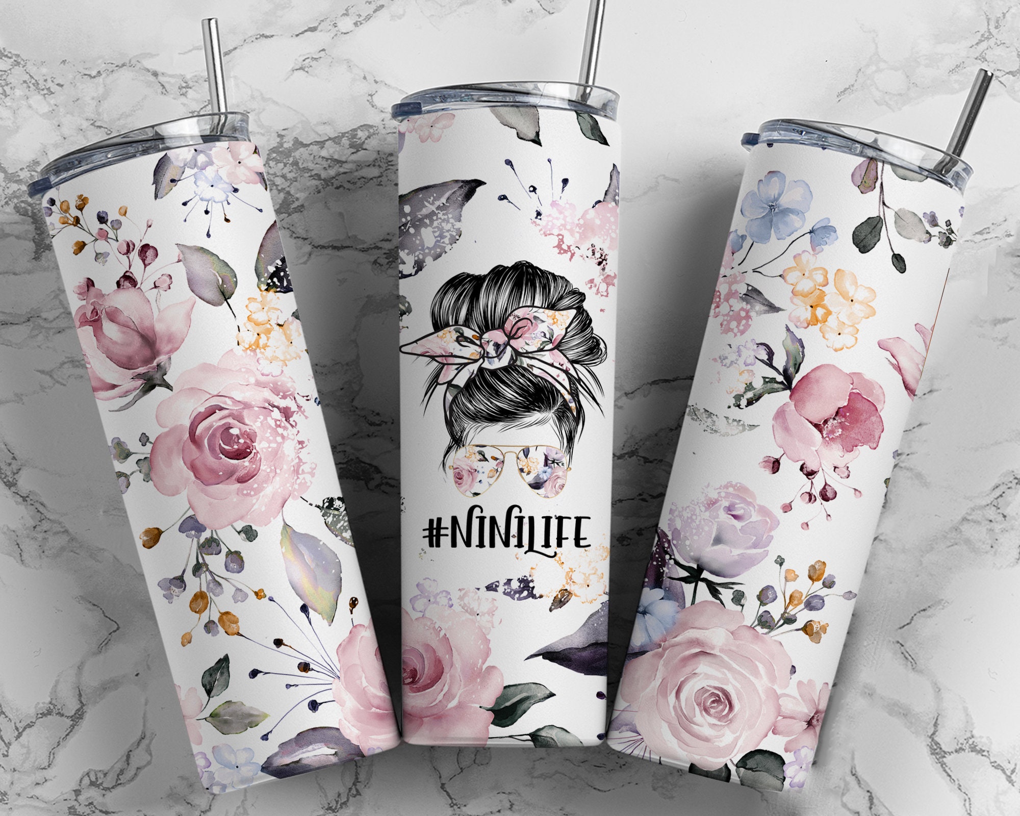 NINI Floral Tumbler Wrap PNG Mom Bun Hair Seamless Sublimation - Etsy