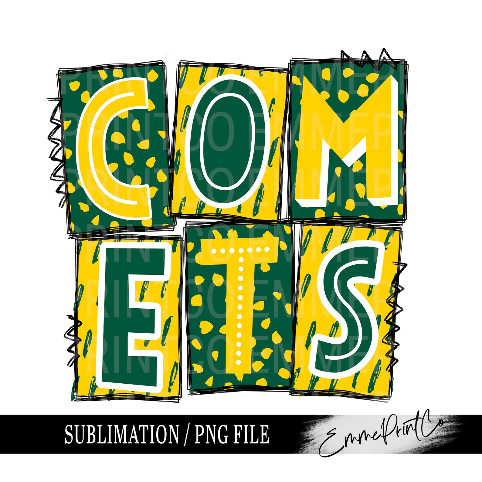 Comets School Spirit Sublimation Design PNG - Green Yellow Gold Tshirt ...