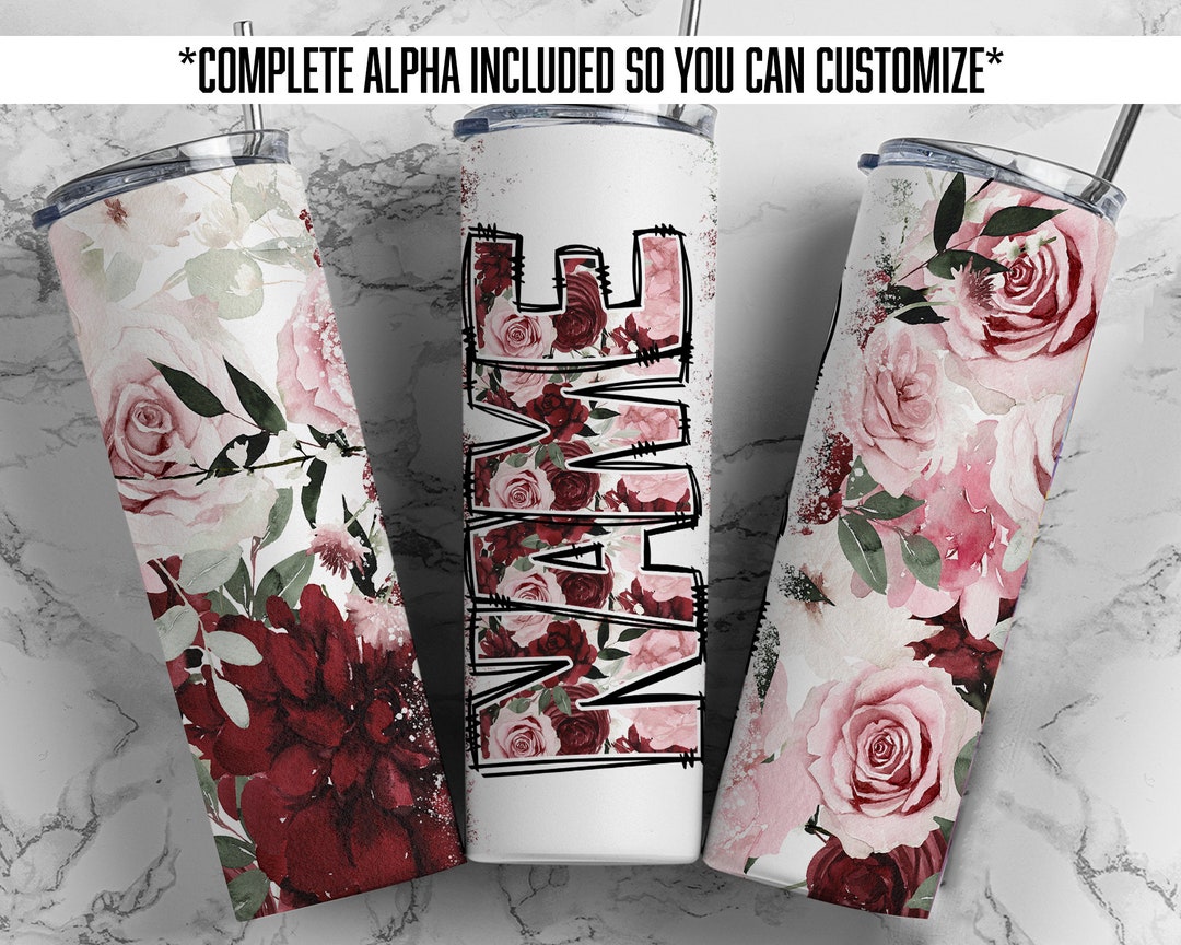 Floral Tumbler Wrap PNG: Pink Burgundy Red, Alpha Name Design (digital ...
