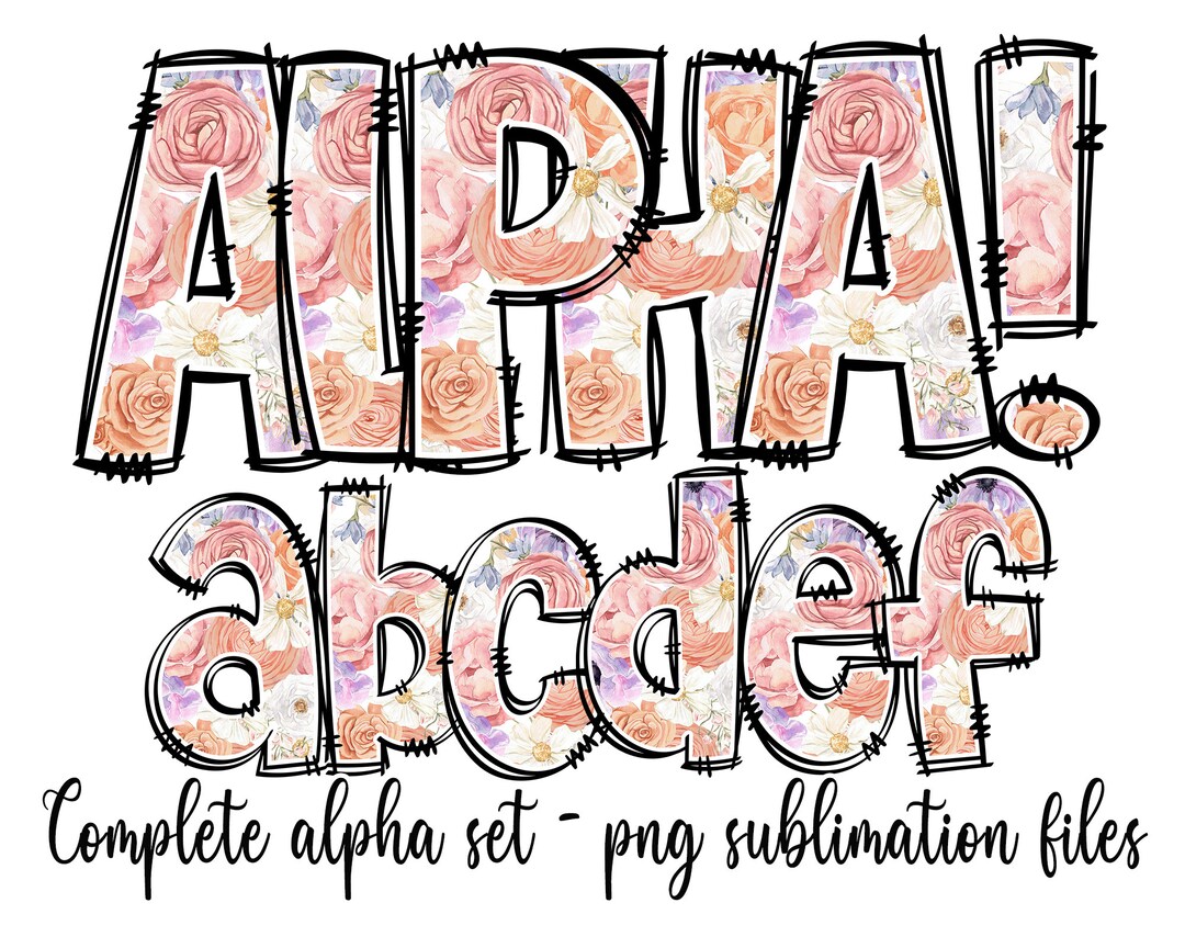 Alpha Set Pink Floral Print - Letters Pack - Clipart Alphabet - Doodle ...