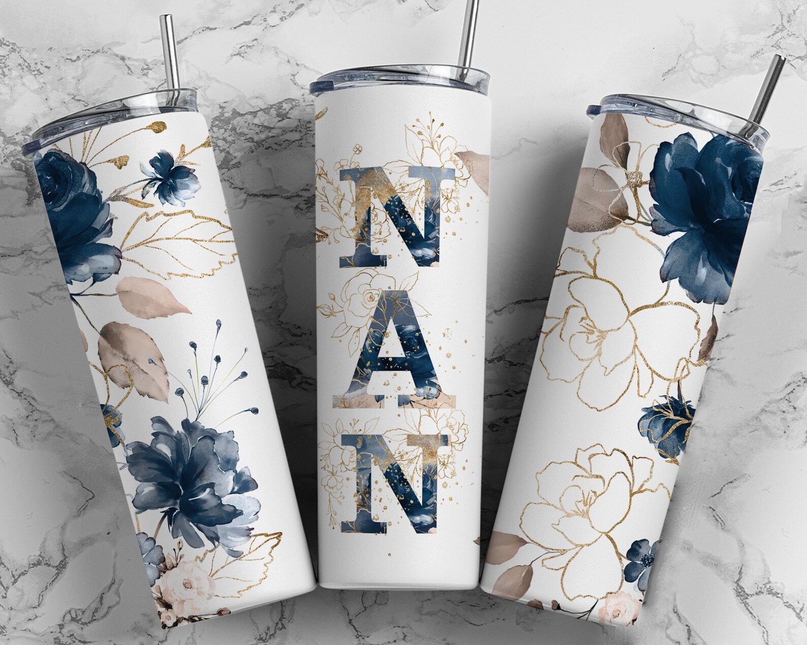 NAN Mother's Day Navy Blue Gold Floral Sublimation Tumbler | Etsy