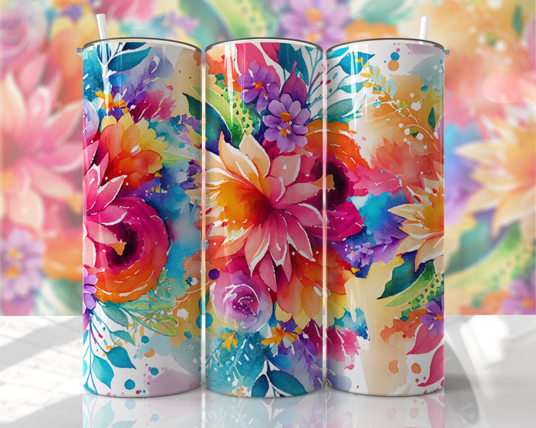 Bright Rainbow Floral Tumbler Wrap Neon Pride Flowers Sublimation ...