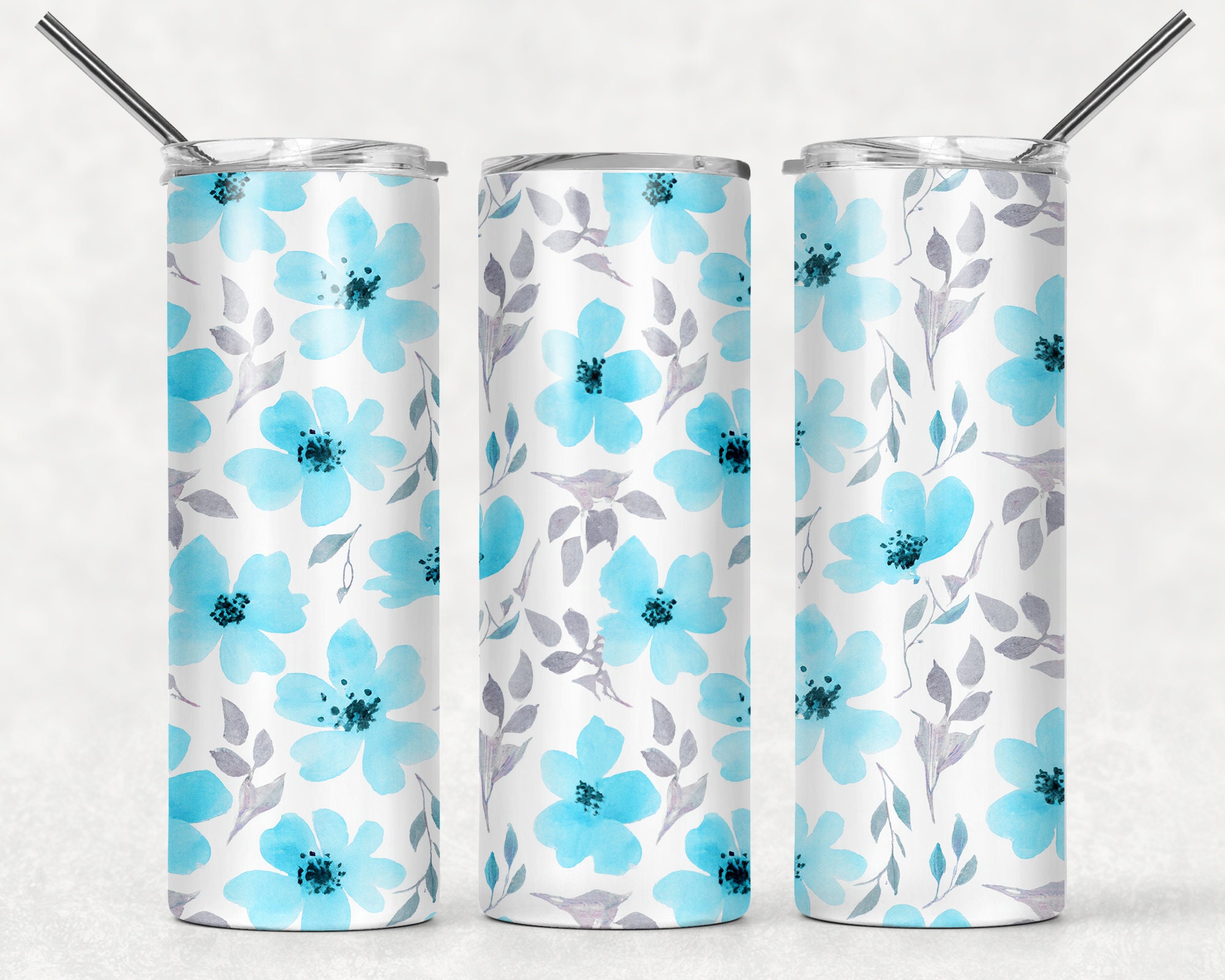 Aqua Blue Floral Tumbler Wrap PNG Sublimation Tumbler Seamless - Etsy