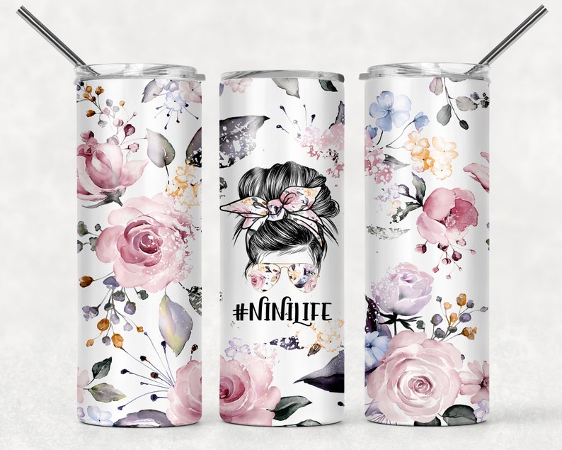 NINI Floral Tumbler Wrap PNG Mom Bun Hair Seamless Sublimation - Etsy