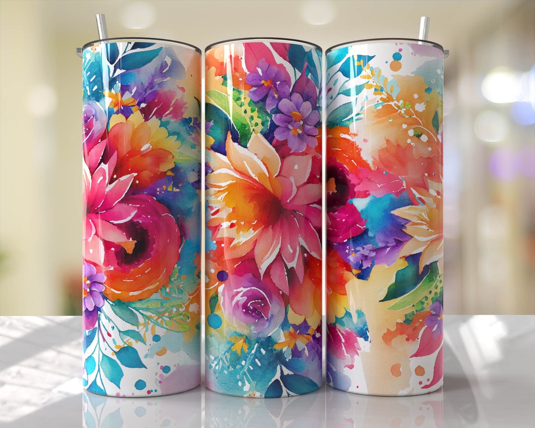 Bright Rainbow Floral Tumbler Wrap Neon Pride Flowers Sublimation ...