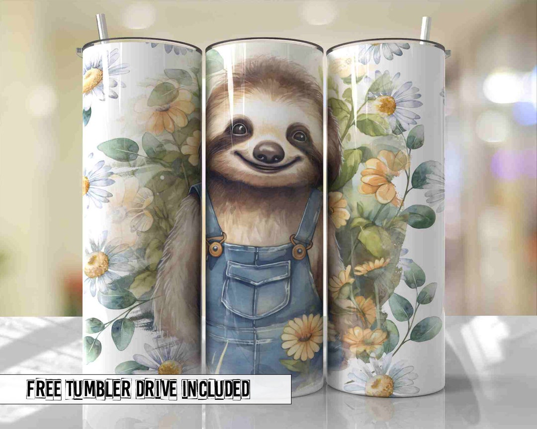 Sloth Tumbler Wrap Wearing Denim Overalls Watercolor Designs Seamless ...