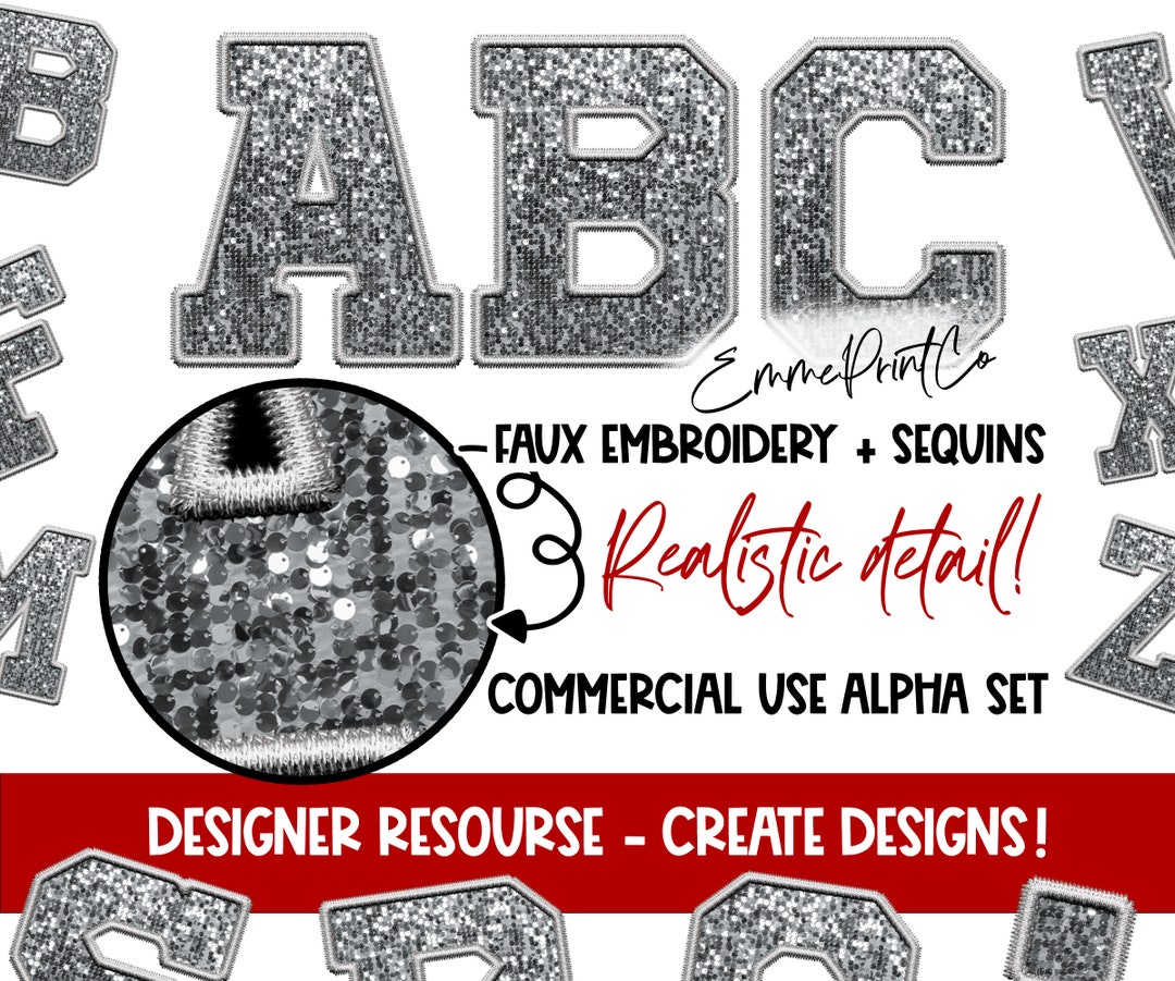 Silver - Faux Embroidery Sequins Alpha Set - Alphabet Sublimation PNG ...