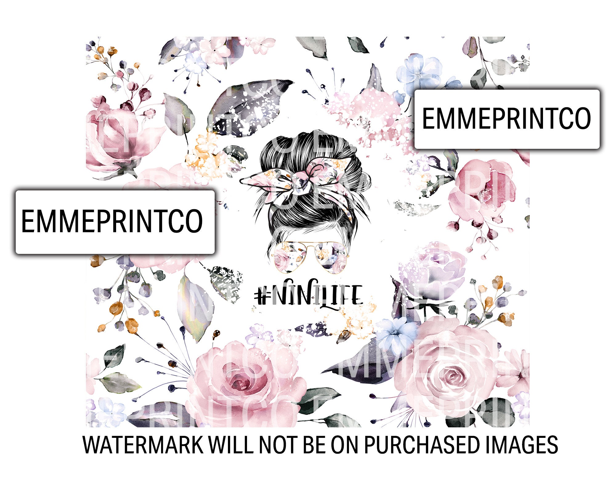 NINI Floral Tumbler Wrap PNG Mom Bun Hair Seamless Sublimation - Etsy