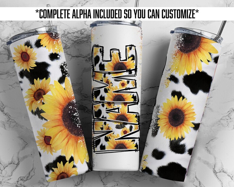 Add Your Own Name Alpha Sunflower Cow Print Tumbler Wrap PNG Tumbler ...