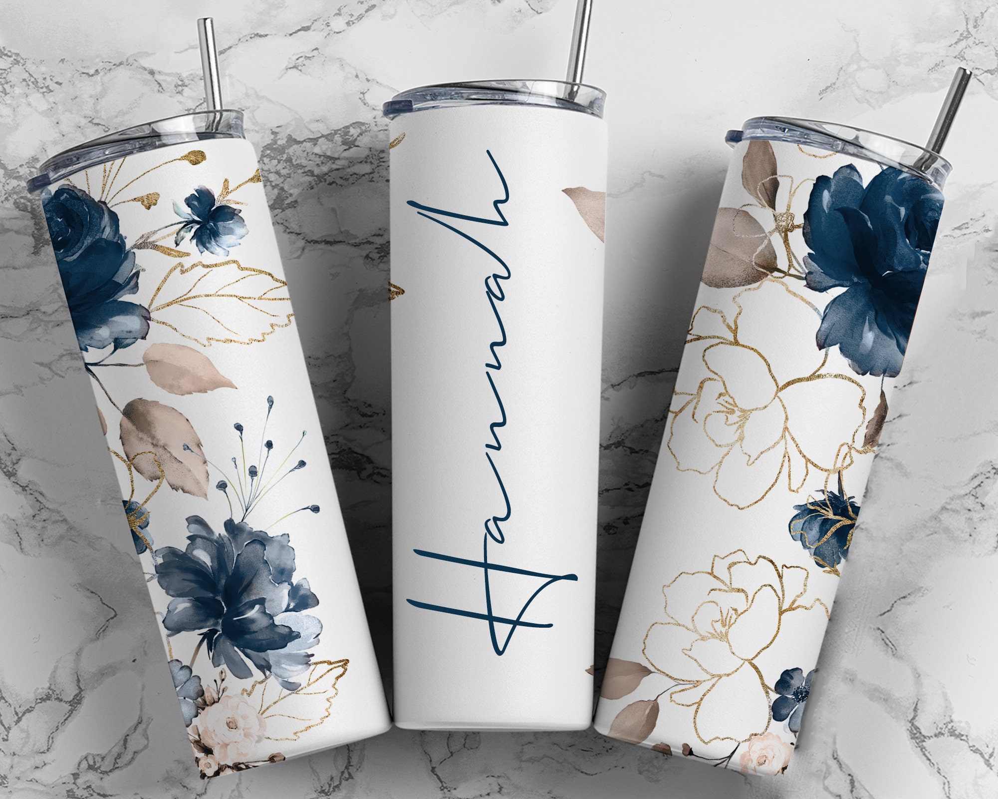 Custom Name Blue and Pink Roses Floral sublimation designs tumbler 20oz ...