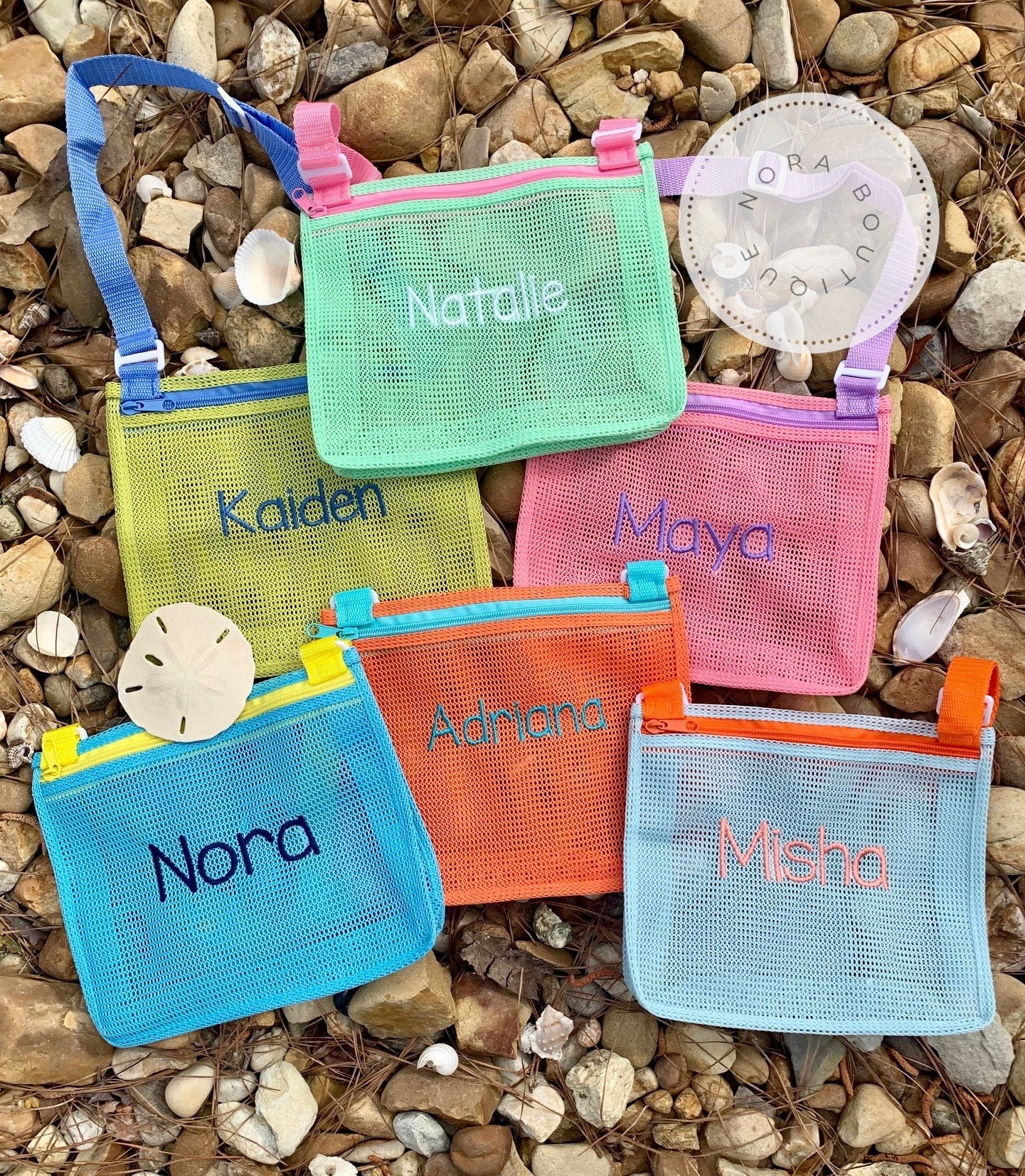 Personalized Seashell Mesh Bag, Custom Embroidered Kids Shell Beach Bag ...