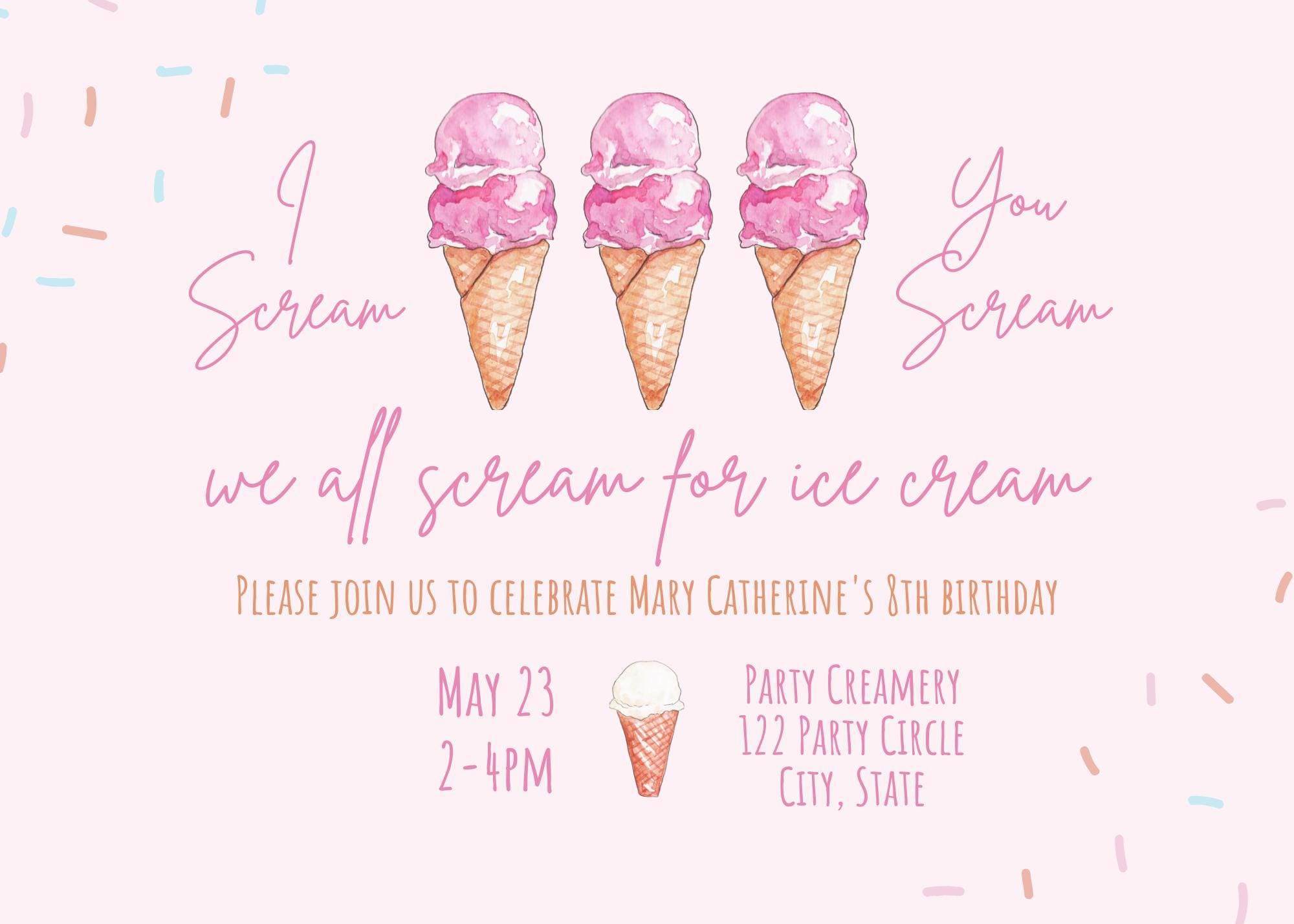 Ice Cream Birthday Party Invitation, I Scream You Scream We All Scream ...