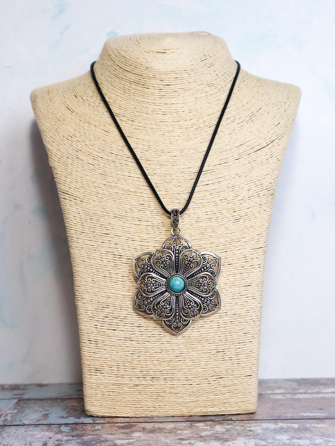 Chakra Flower Necklace on Black Cord - Tibetan Silver - Large Pendant ...