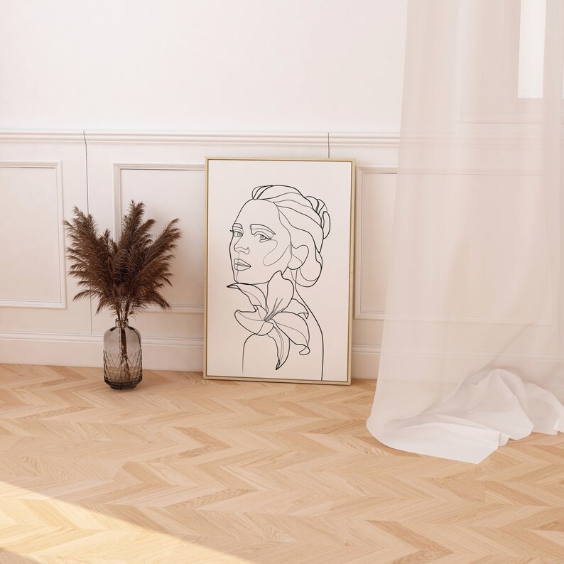 Girl With Flower Line Art Flower Woman Wall Art Female Line - Etsy