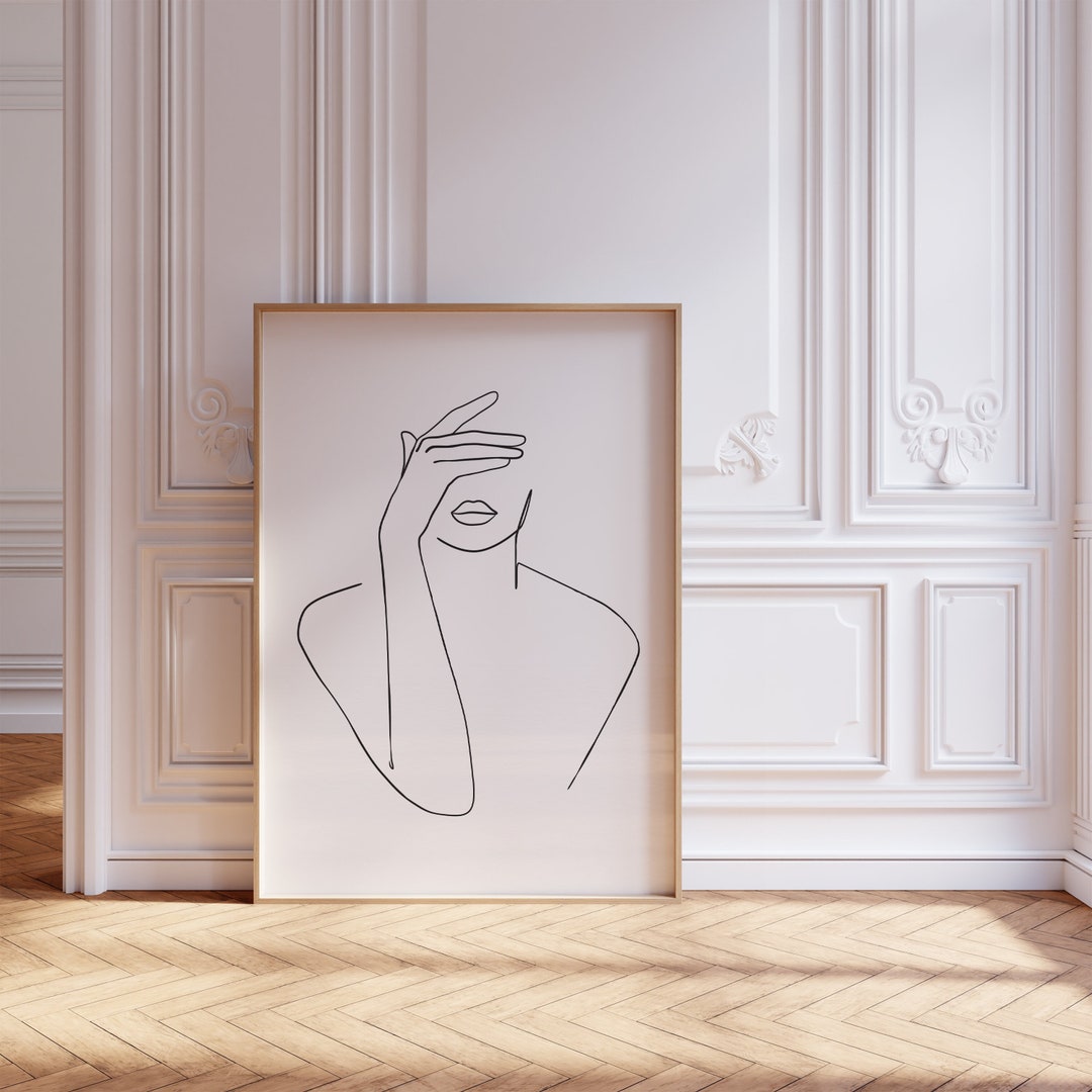 Minimalist Woman Line Art Print: Black and White Sketch, Hand and Face ...