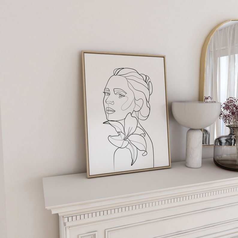 Girl With Flower Line Art Flower Woman Wall Art Female Line - Etsy