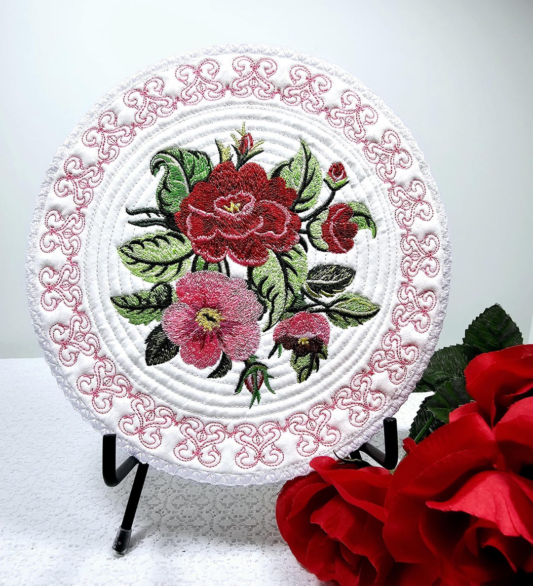 Embroidered Floral Table Mat: Floral Bouquet Doily, 8 Inch Centerpiece ...