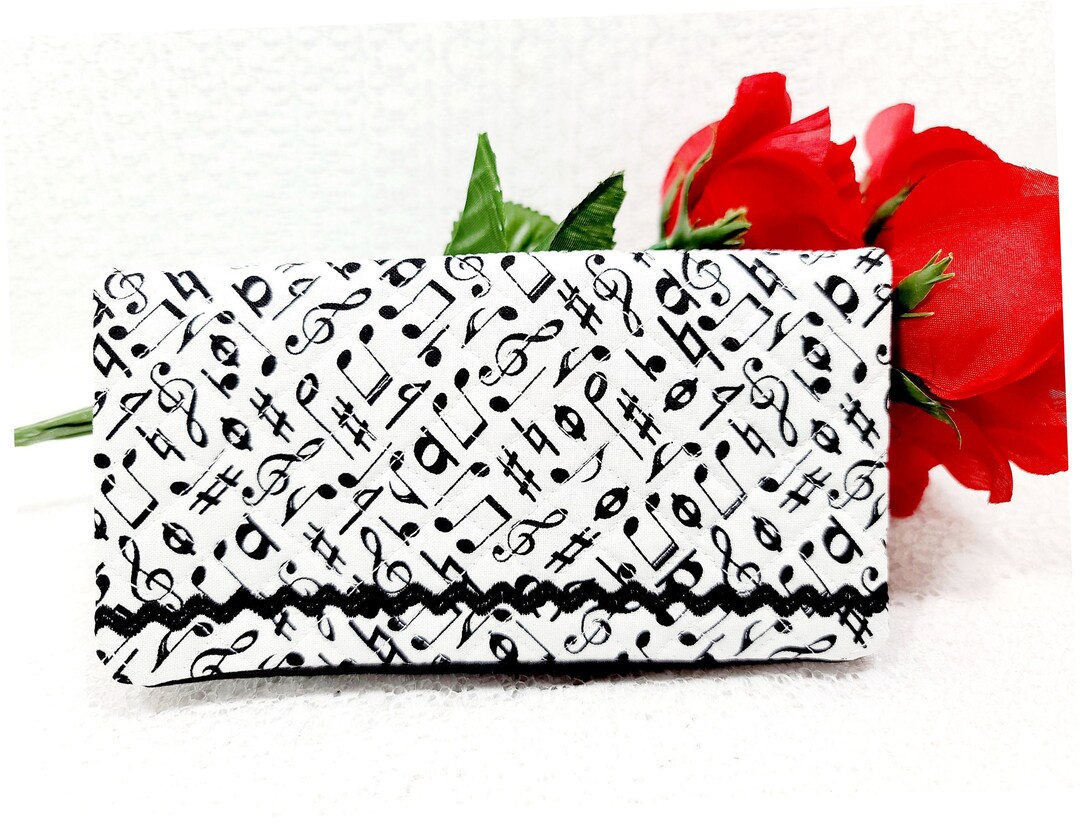 Quilted Checkbook Cover: Black & White Music Notes, Embroidered Trim - Etsy