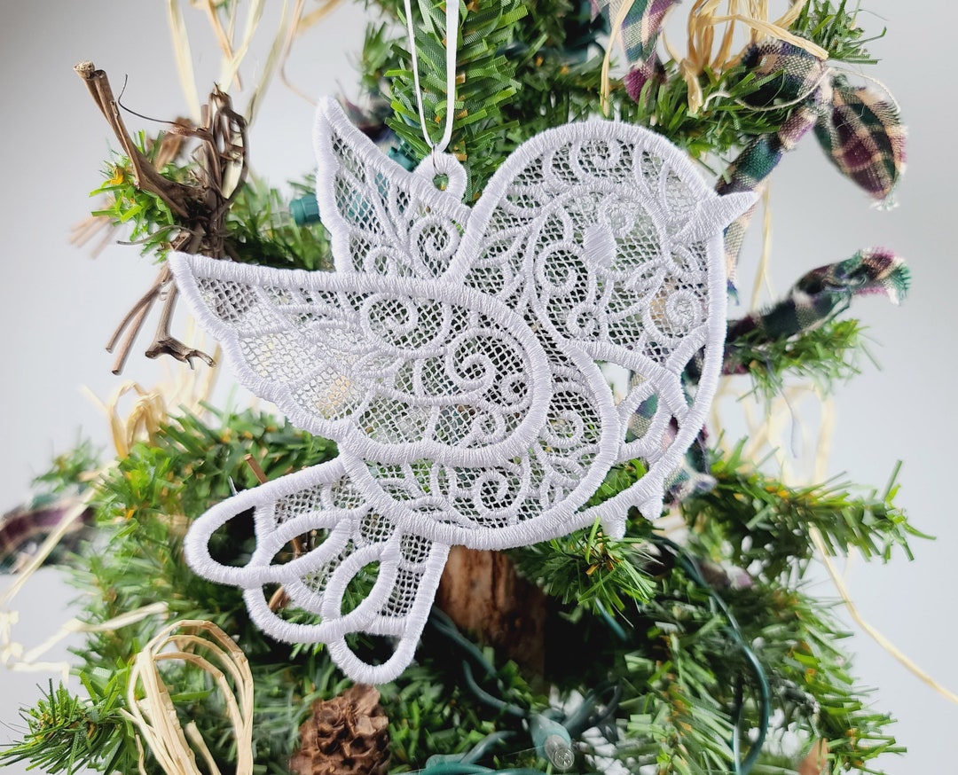 Lace Bird Ornament, Bird Ornament, White Embroidered Lace Bird, Lace ...