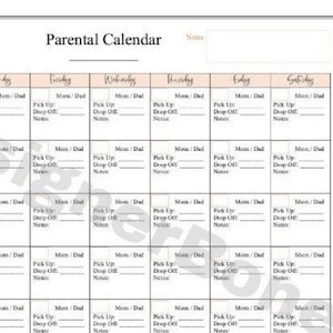 Blank PDF Parental Calendar Co Parenting Divorce Separated Child Pickup ...