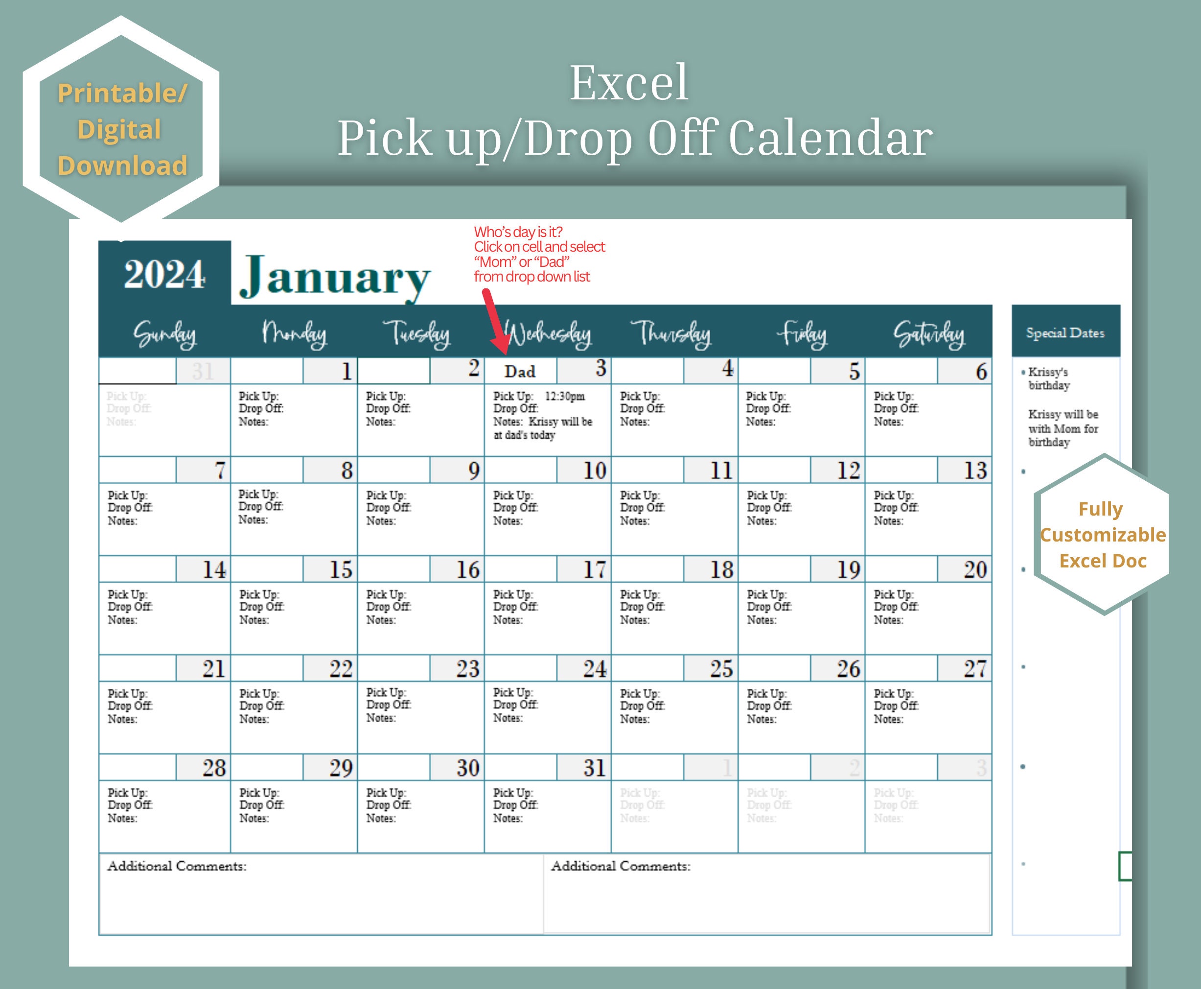 2025 Parental Calendar Pick up Drop off Calendar |co Parenting Divorce ...