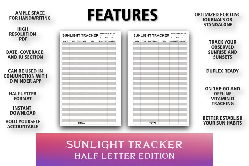 Sunlight Tracker Printable, Half Letter, Use With D Minder App to Track ...