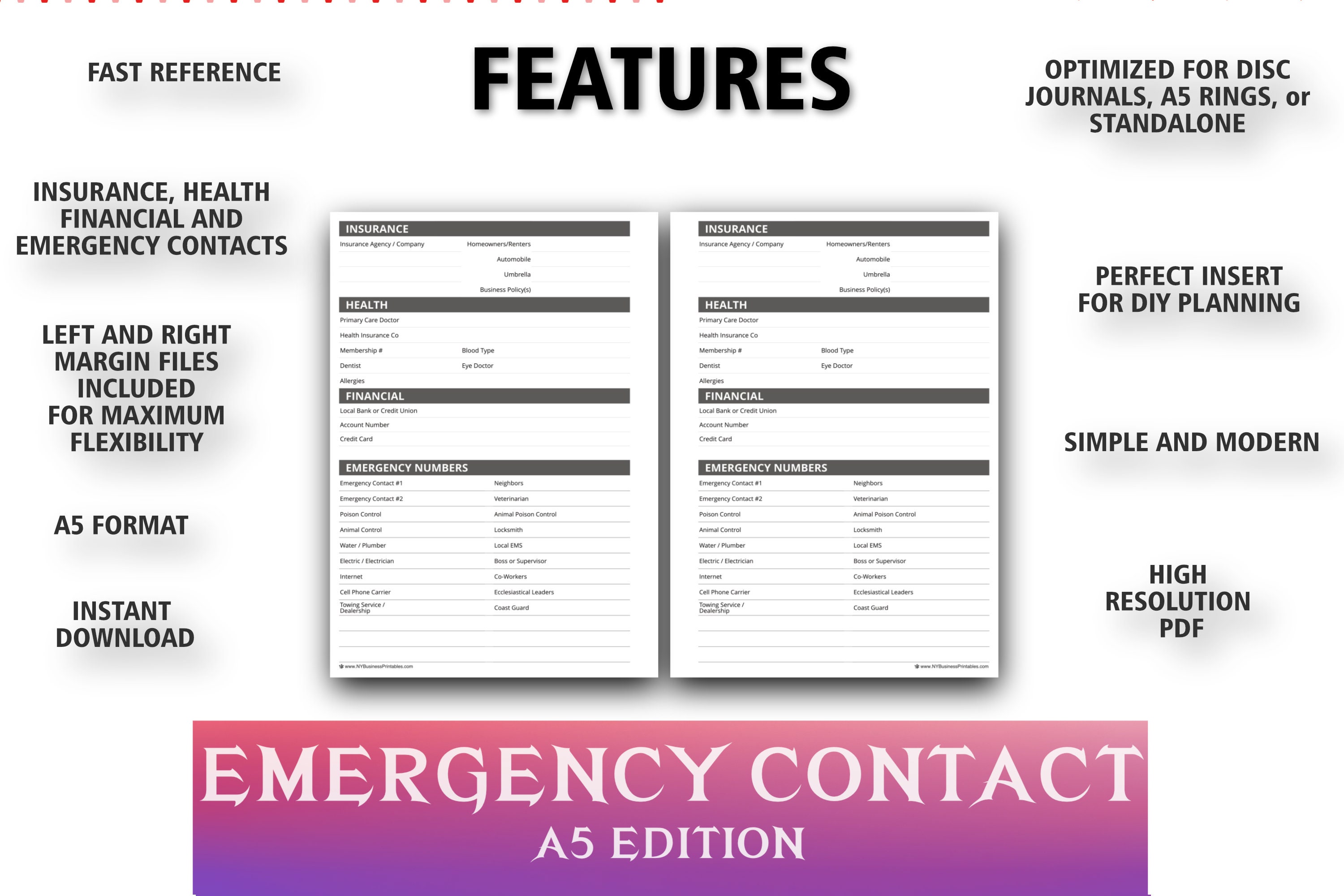 Emergency Contact Printable A5 Keep Essential Phone Numbers - Etsy Ireland