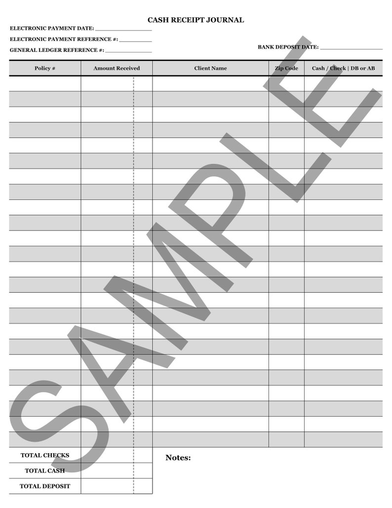Cash Receipt Journal Printable for Insurance Agencies and Bookkeepers ...
