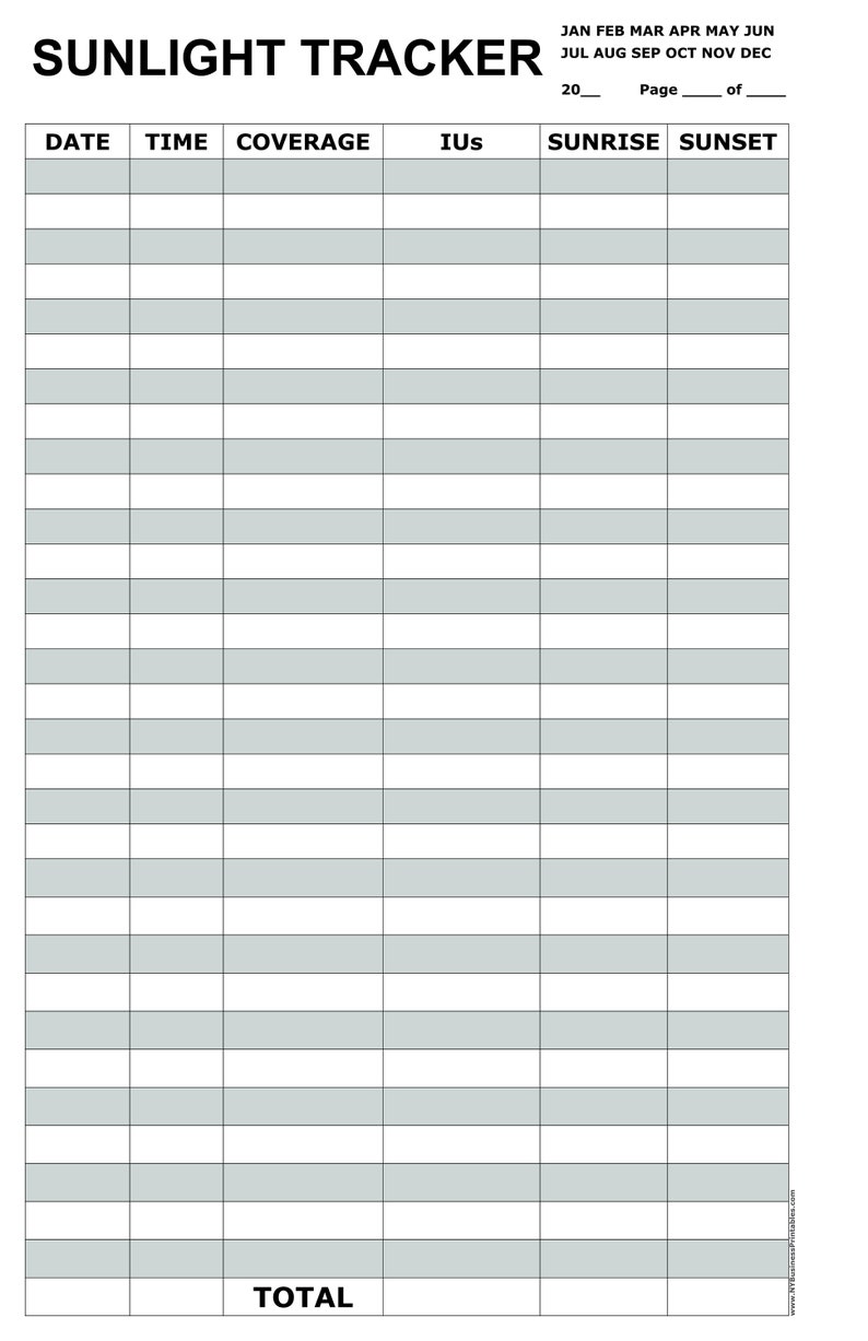 Sunlight Tracker Printable, Half Letter, Use With D Minder App to Track ...