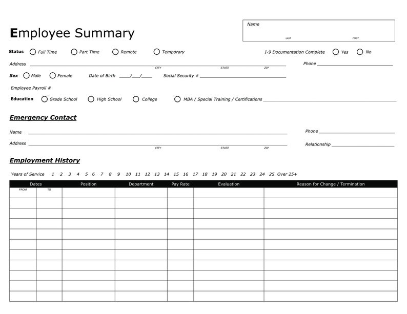 Employee Summary Printable, Letter, Organize Info, Small Business ...