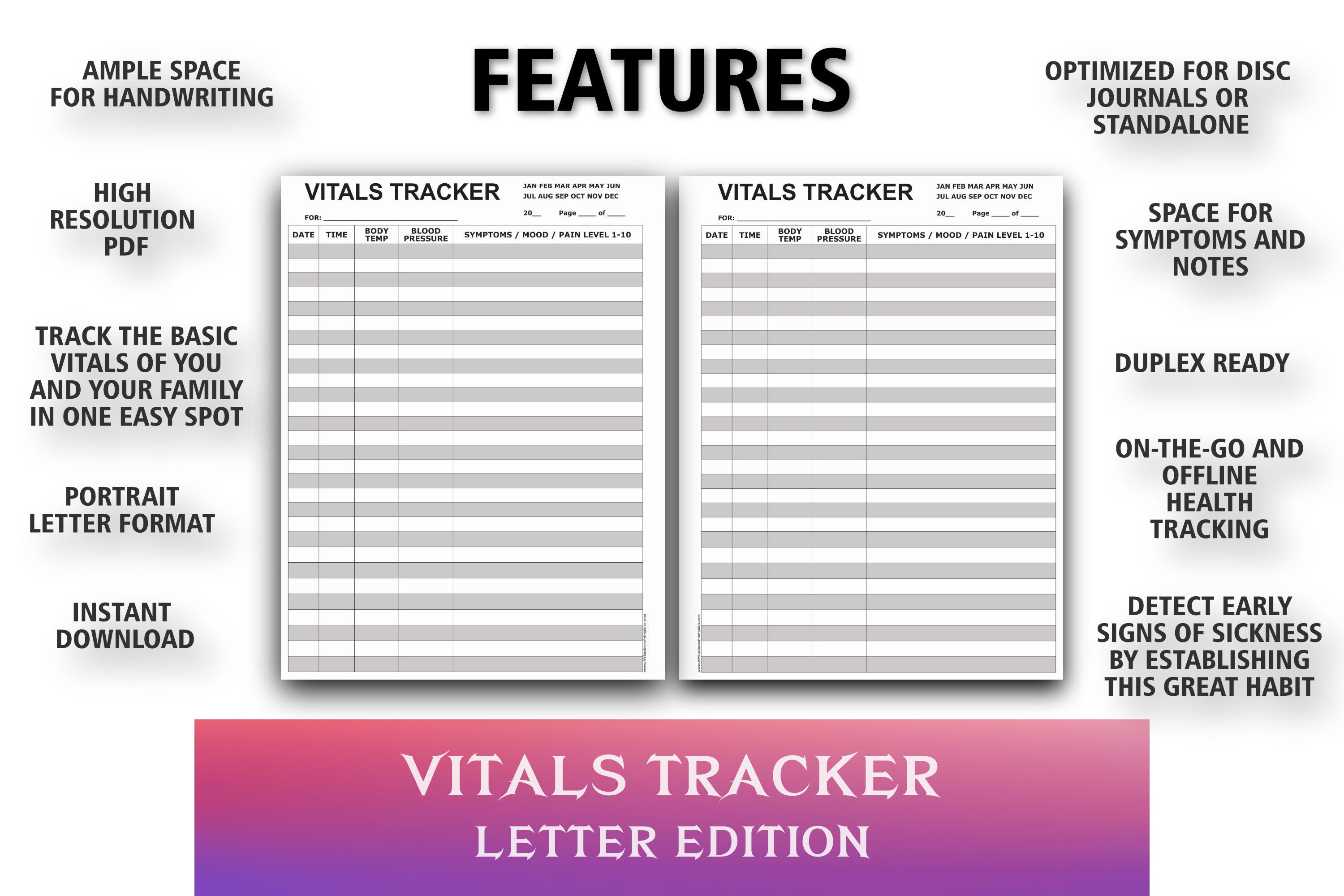 Vitals Tracker Printable, Letter, Health Report, Track Your Loved Ones ...