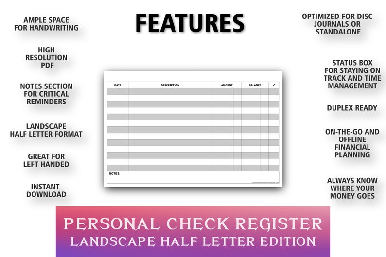 Personal Check Register Printable Half Letter Landscape - Etsy