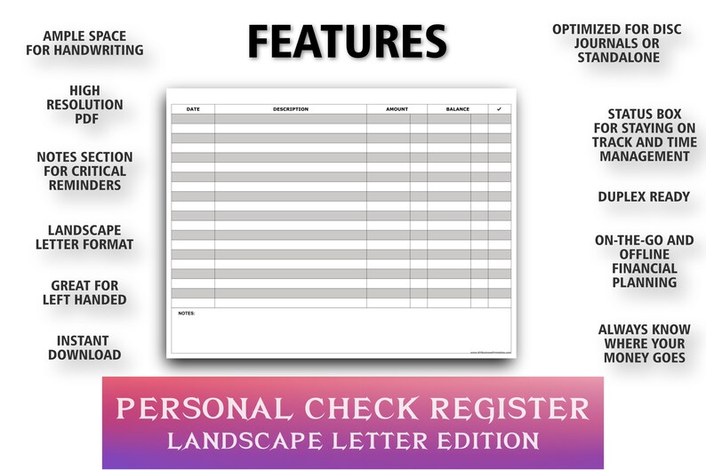 Personal Check Register Printable Letter Landscape Track - Etsy Australia
